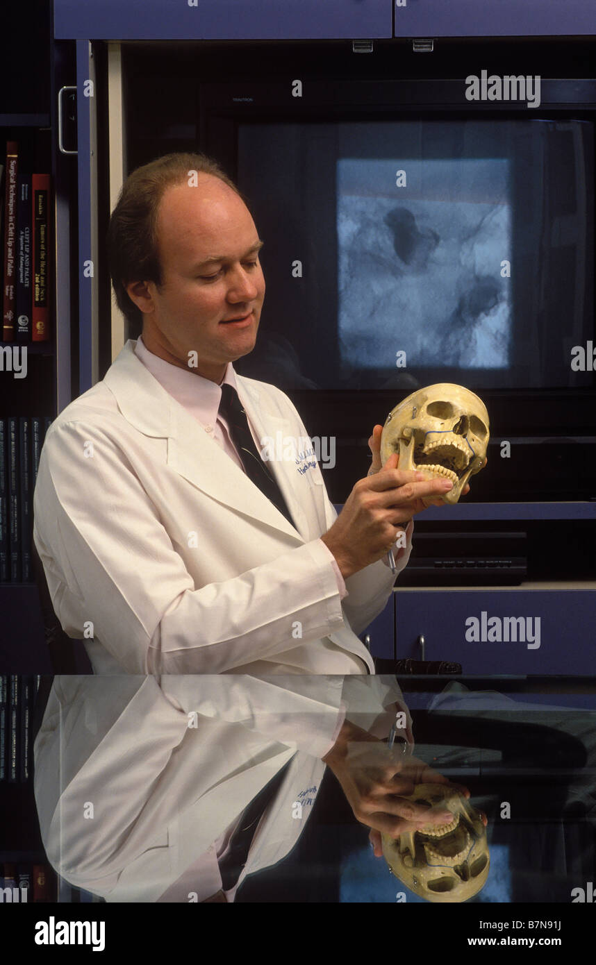 Doctor at reflective conference table observing skull Stock Photo - Alamy