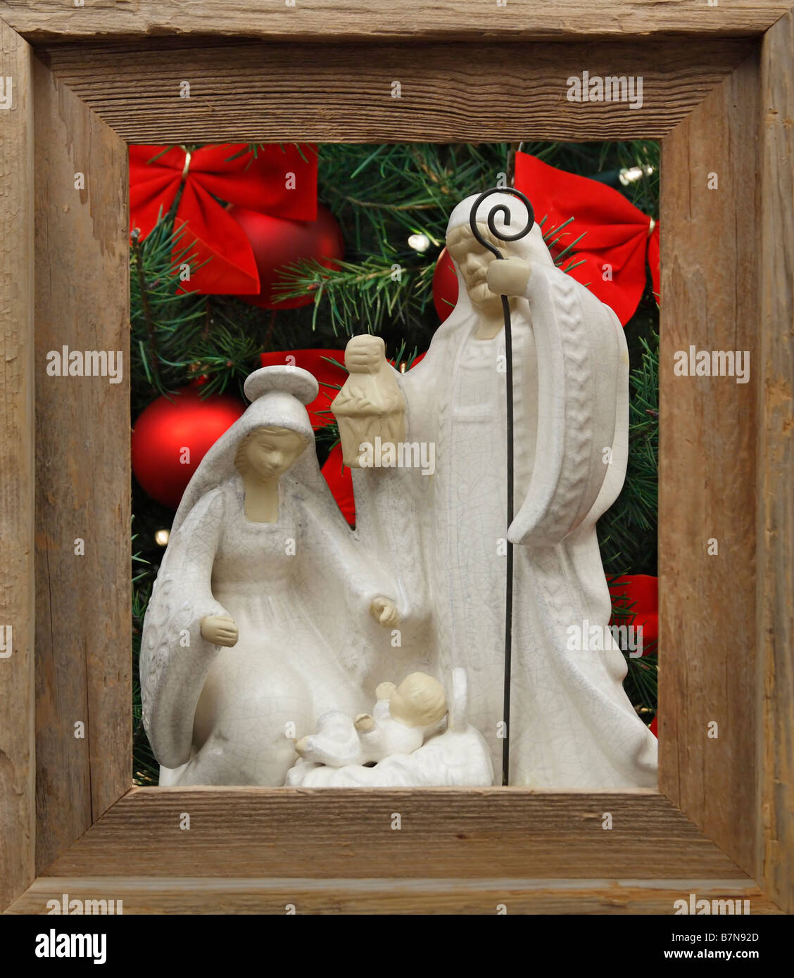 Nativity scene with white sculptures Bethlehem of the Virgin Mary and ...