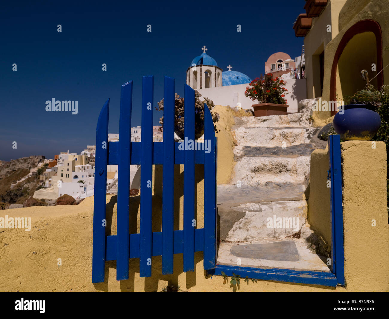Blue gate, Santorini, Greece Stock Photo - Alamy