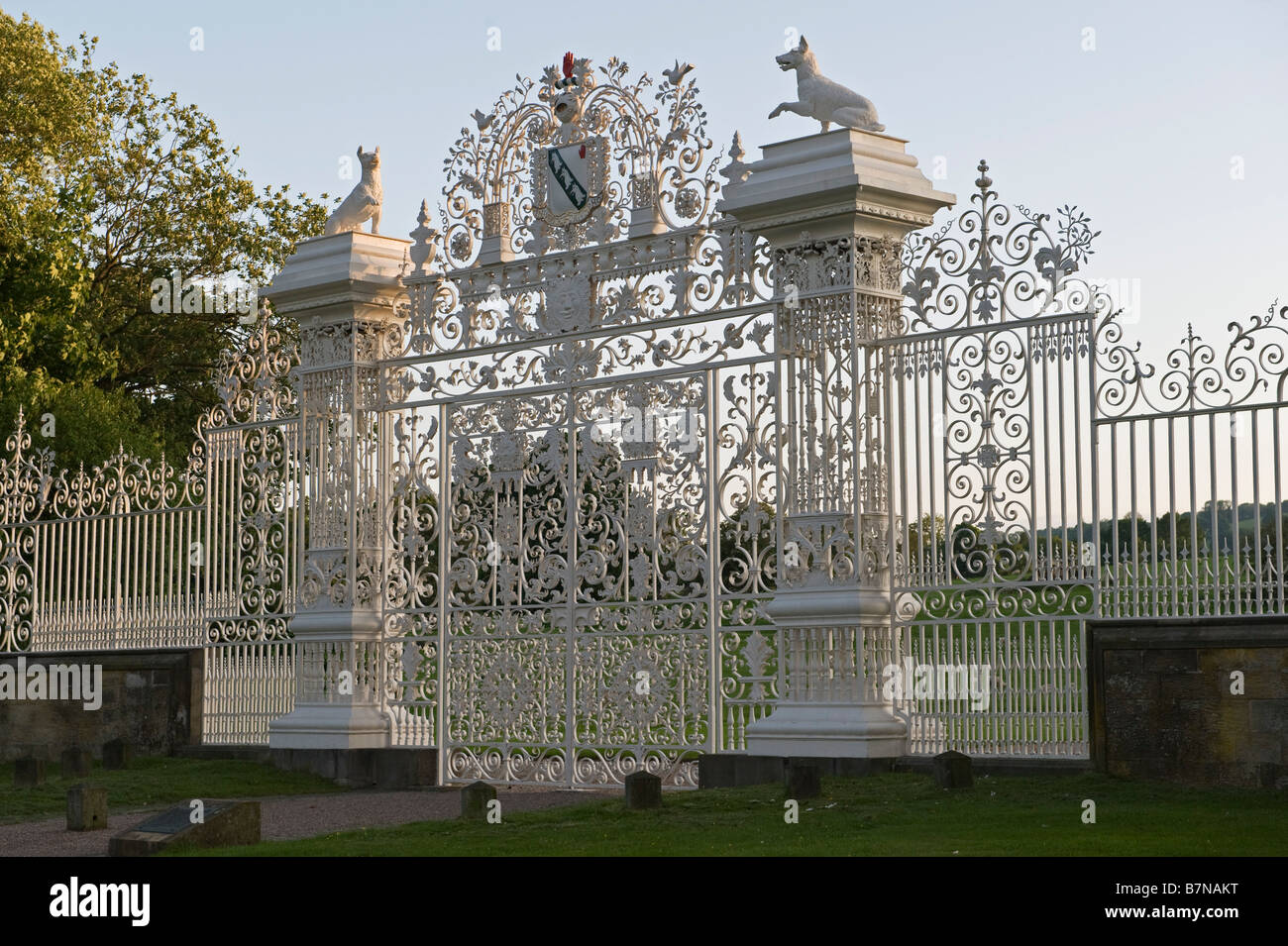 Chirk Castle, Wrexham, Wales, UK. The famous wrought-iron gates made in ...