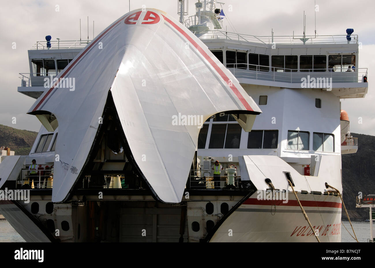 Bow door of a inter island ferryboat open as she arrives Los Cristianos ...