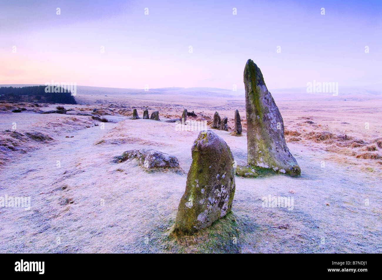 Scorhill stone circle on Dartmoor National Park on a frosty morning ...