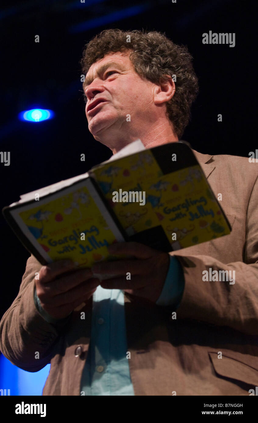Brian Patten Liverpool poet reading his work on stage at Hay Festival ...