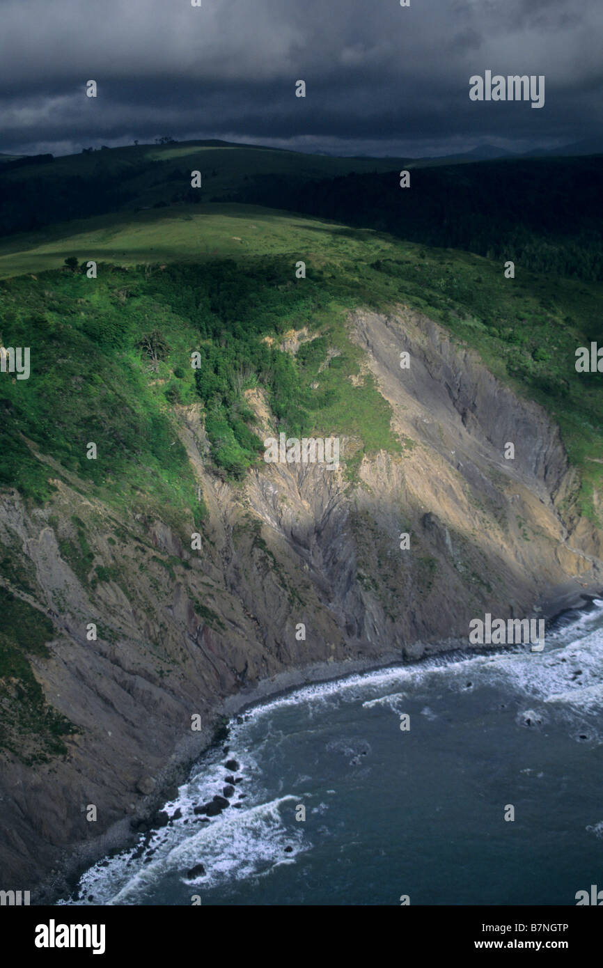 Aerial of coastal cliffs along the northern portion of the Lost Coast ...