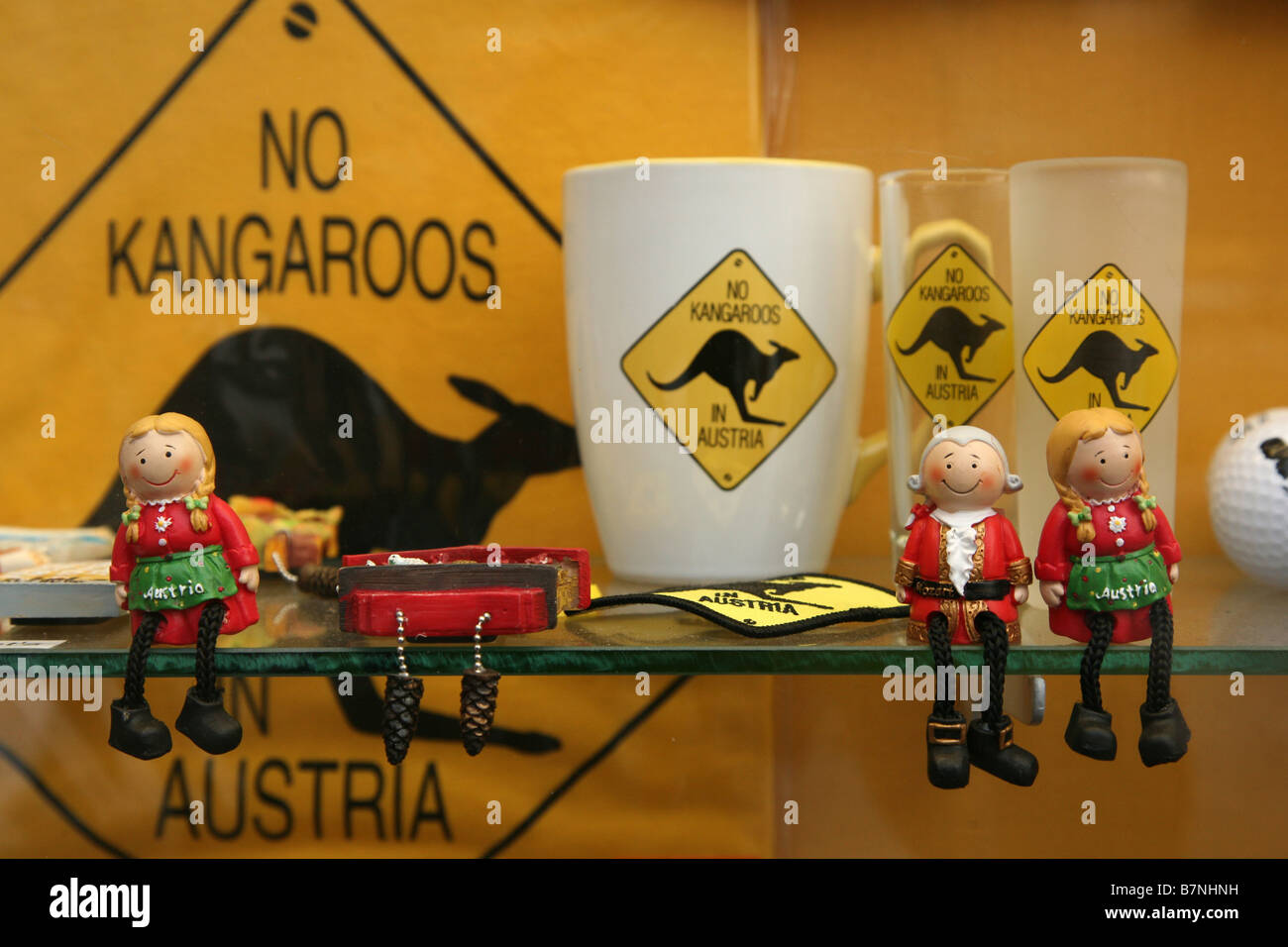 Souvenir shop window with signs No kangaroos in Austria in the historic ...