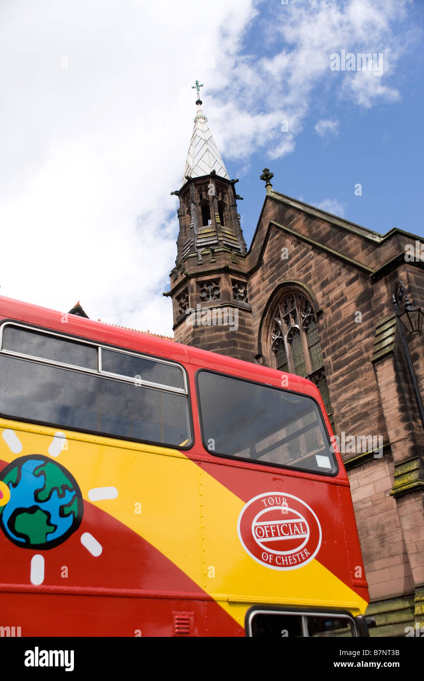 Tourist bus and Chester cathedral in the centre of the medieval city of ...