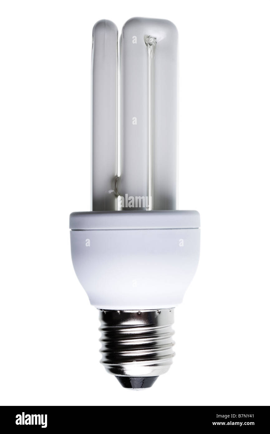 Close up of a energy saving light bulb isolated against white ...