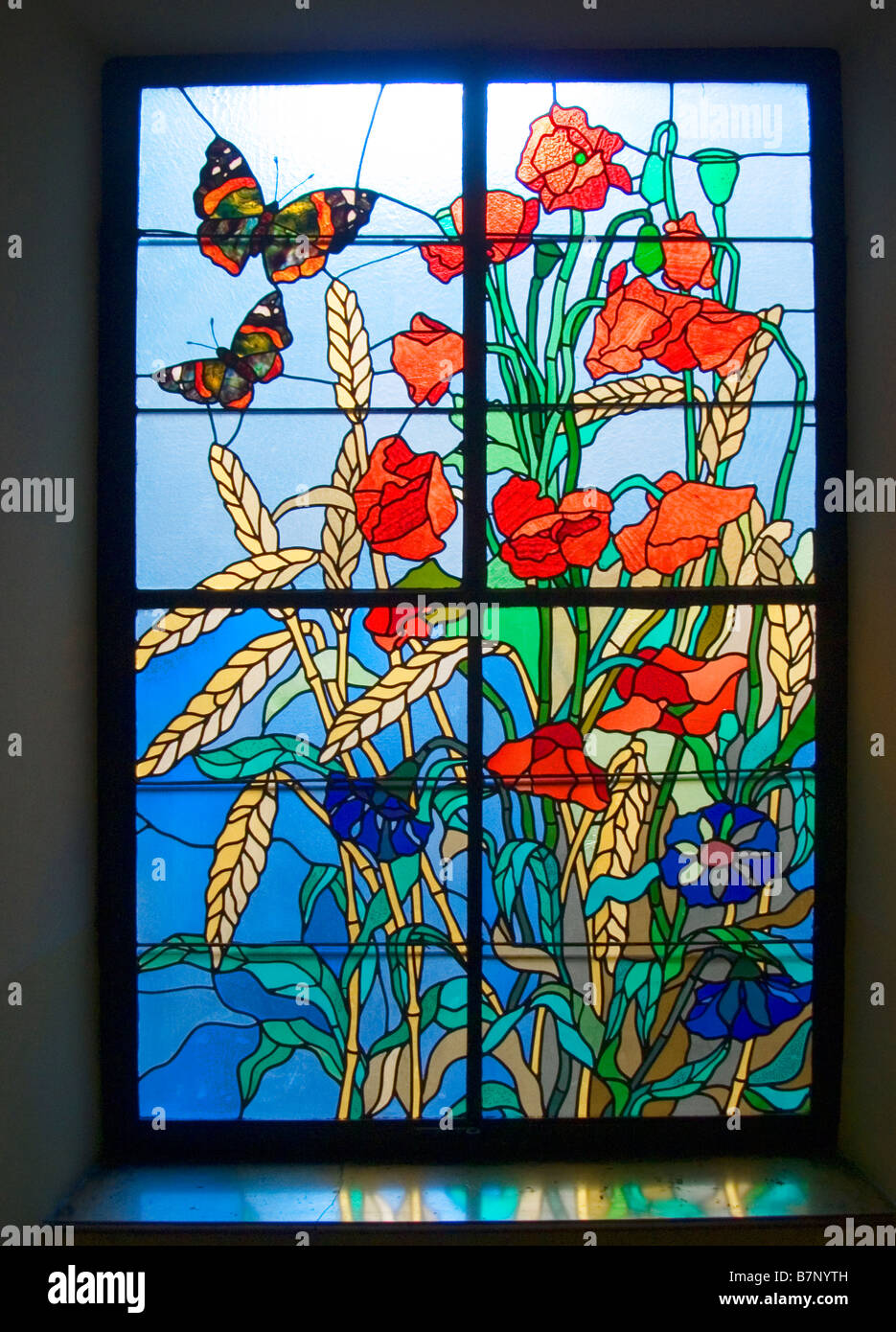 Stain glass window stairways in one of apartment building Krakow Poland ...
