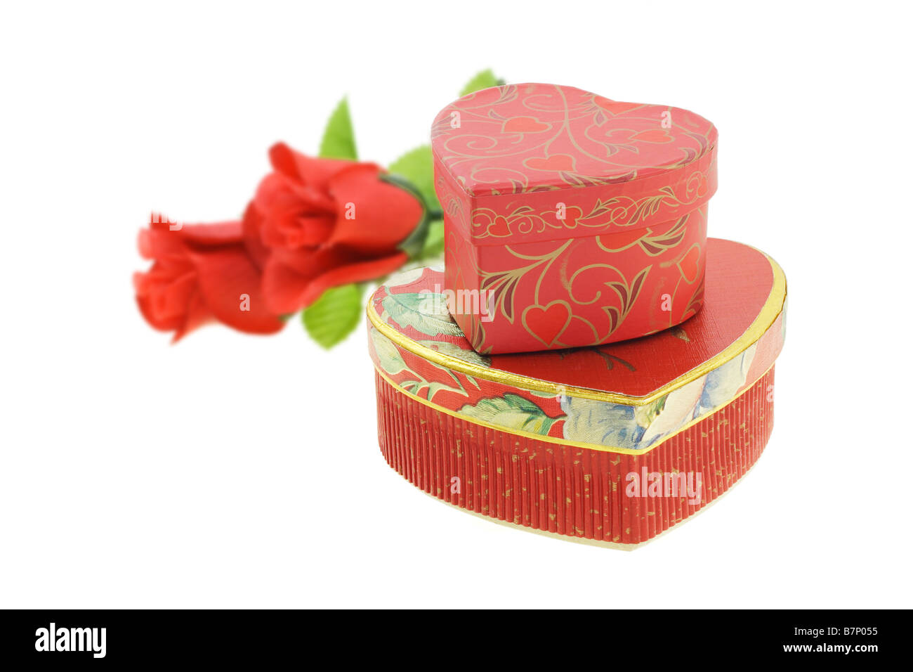 Heart shape floral gift boxes with roses on white background Stock ...