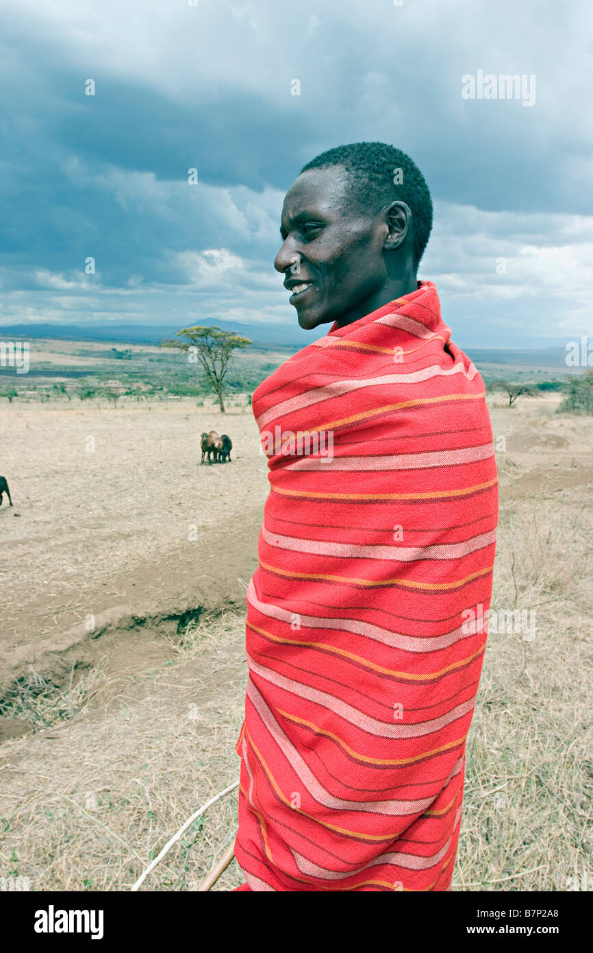 A Masai shepherd tending his flock of goats and lambs. Narok, Kenya ...