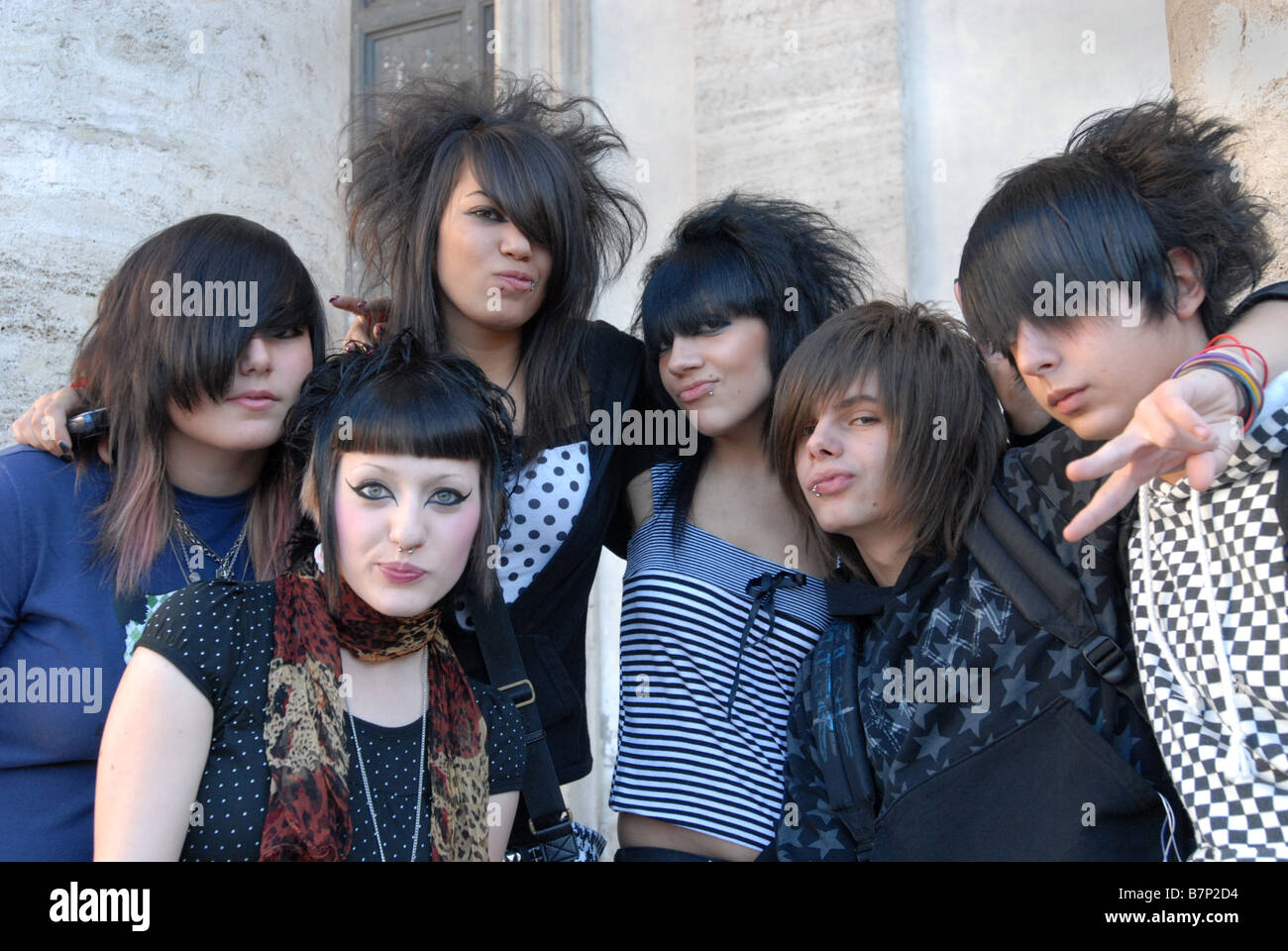 A group of punk teenagers on the steps of a church in Piazza Del Popolo ...