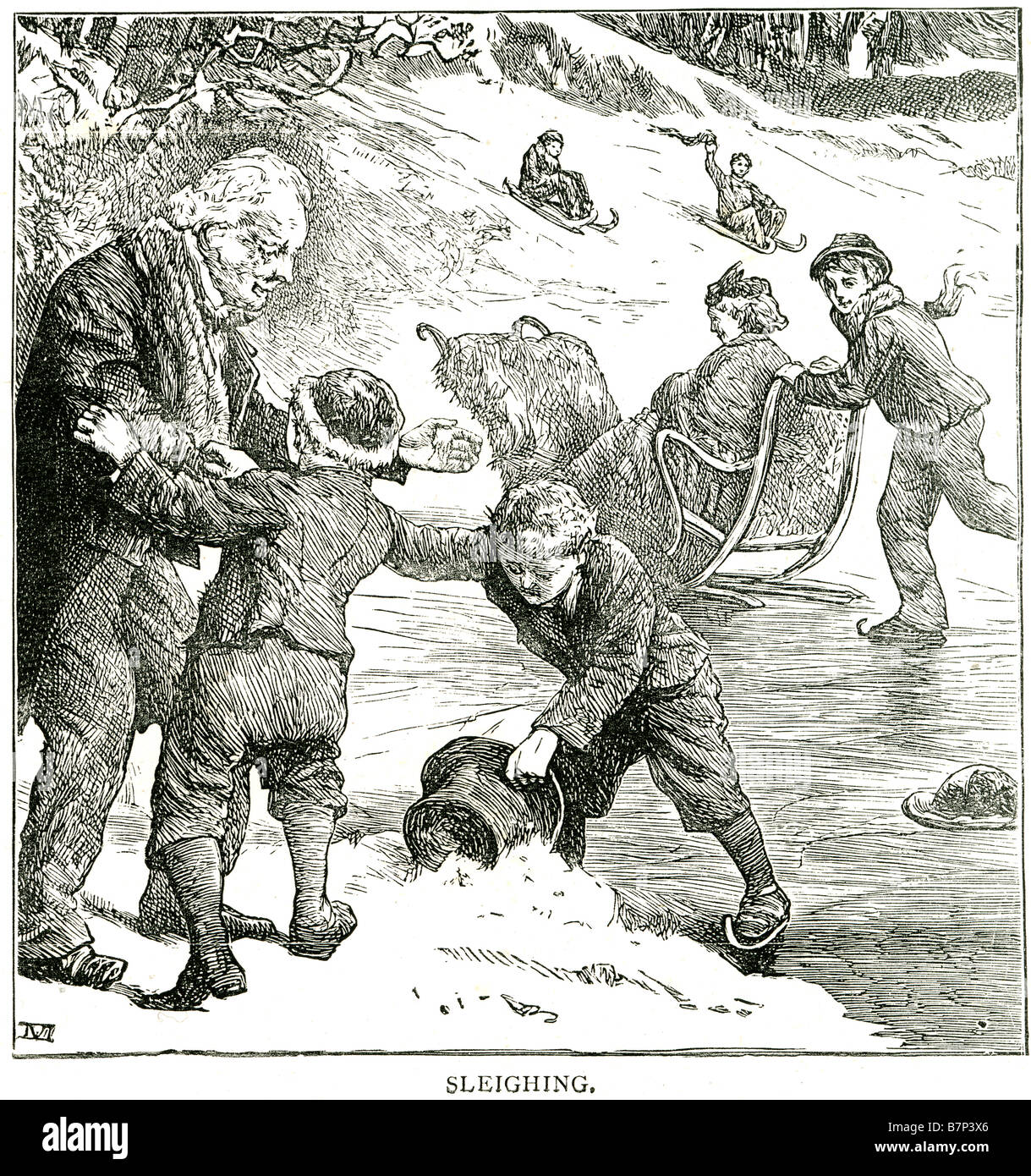 sleighing sleigh children ice snow cold fun play playing winter fun ...