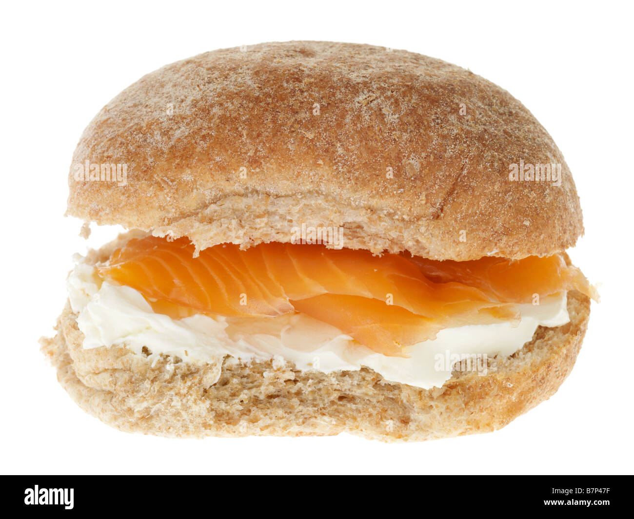 Fresh Smoked Salmon And Cream Cheese In A Soft Brown Bread Bun Isolated ...