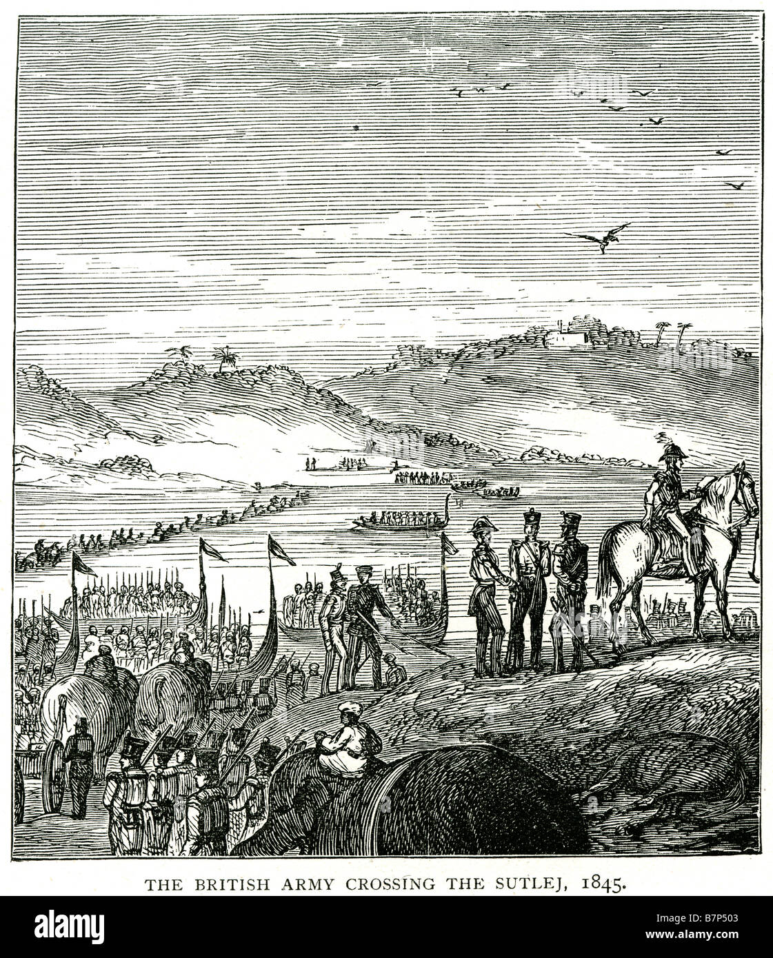 british army crossing sutlej 1845 sailing boat rowing rifle march ...