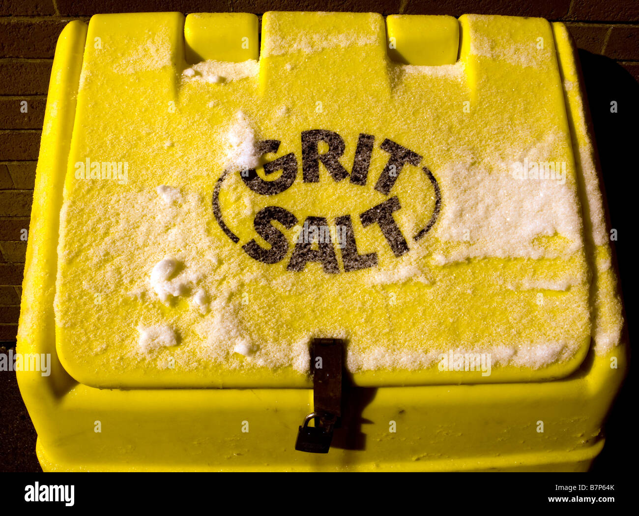 Salt Grit box locked up with snow on top Stock Photo - Alamy