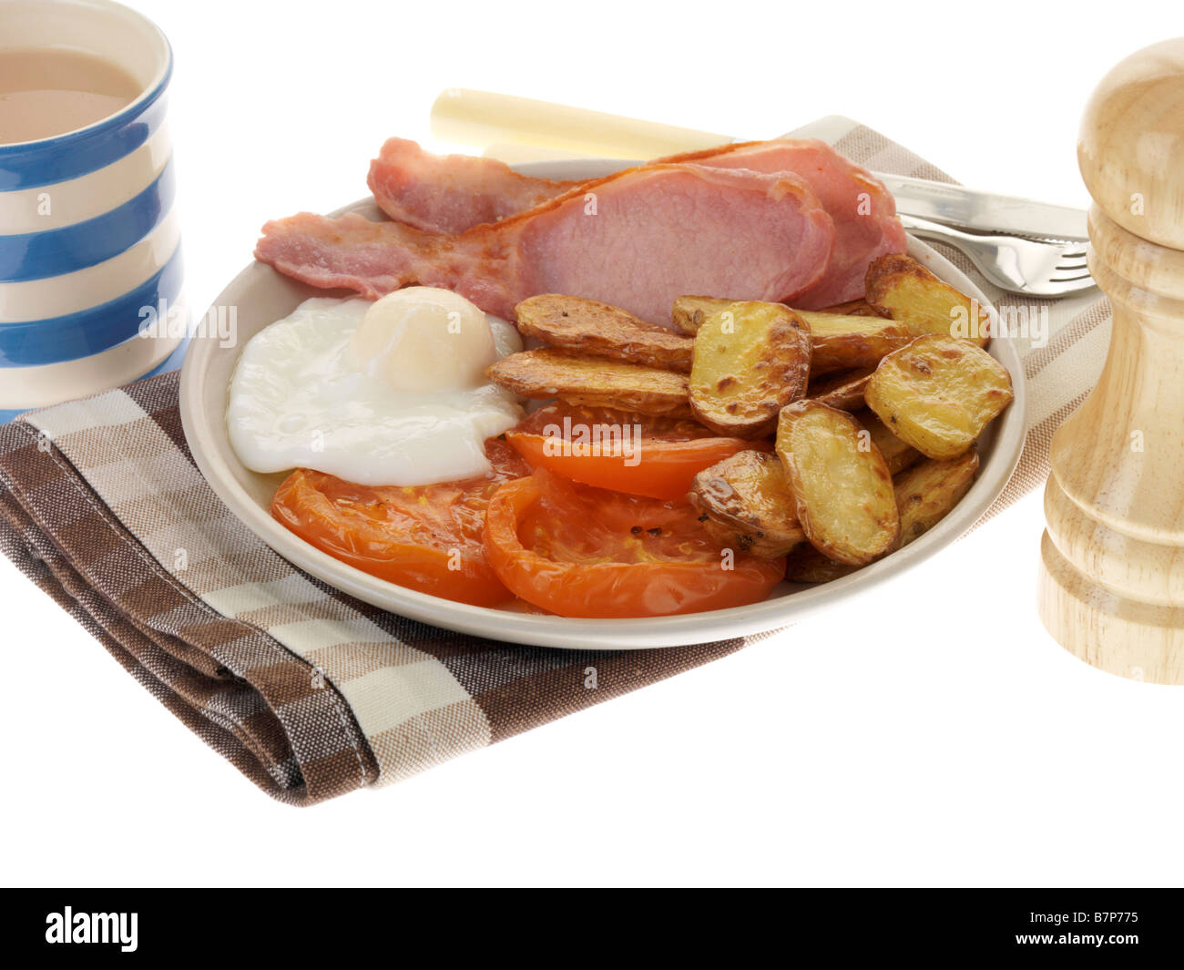 Cooked Breakfast with Bacon and Poached Egg Stock Photo - Alamy