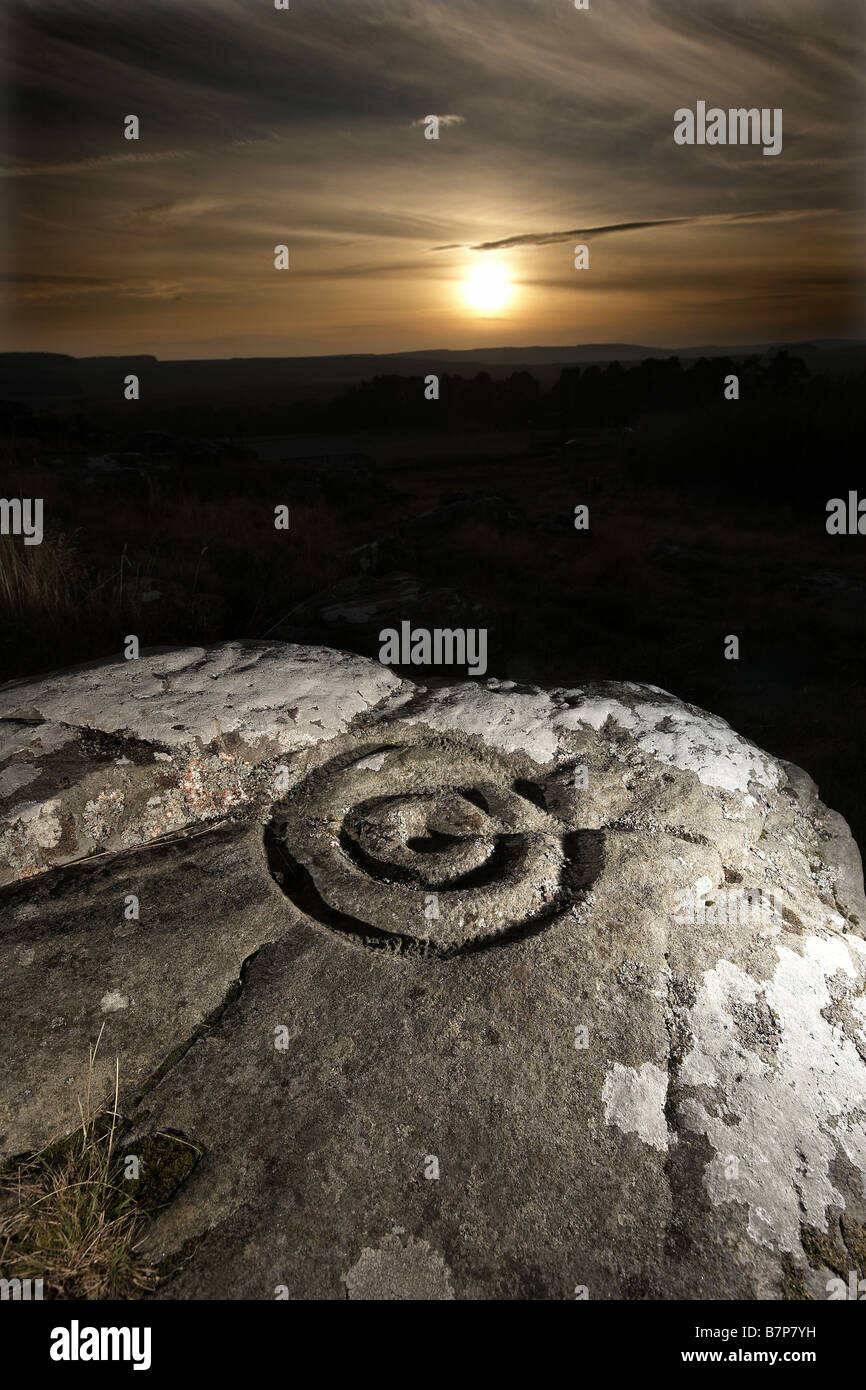 Prehistoric cup and ring marks rock art carved on rock at Brigantium ...