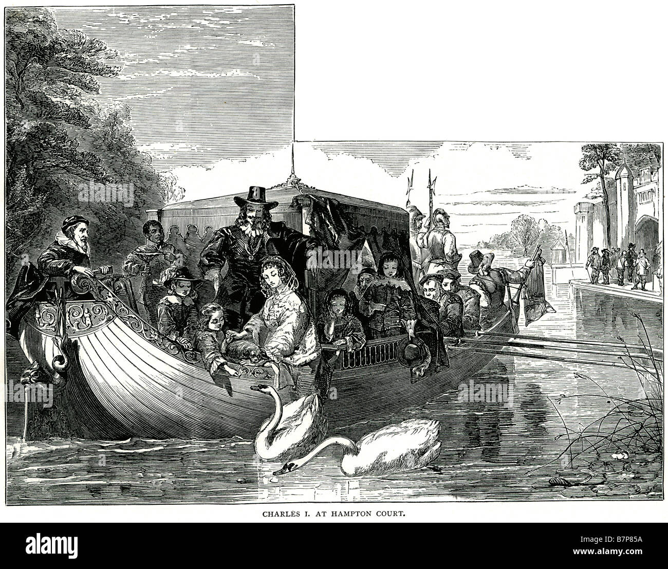 Charles I 1st Hampton court river boat swan rowing bank royal royalty ...