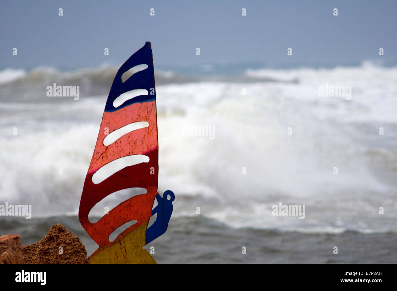 Israel Mikhmoret iron statue of a wind surfer a stormy Mediterranean ...
