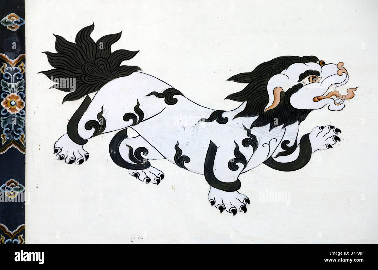 Representation the mythical Snow Lion painted in traditional Bhutanese ...
