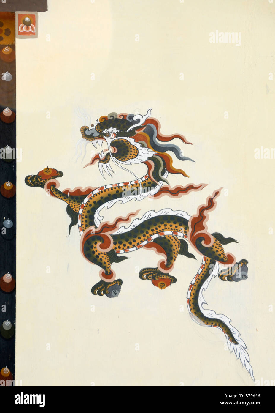 Representation of a dragon painted in traditional Bhutanese style on ...