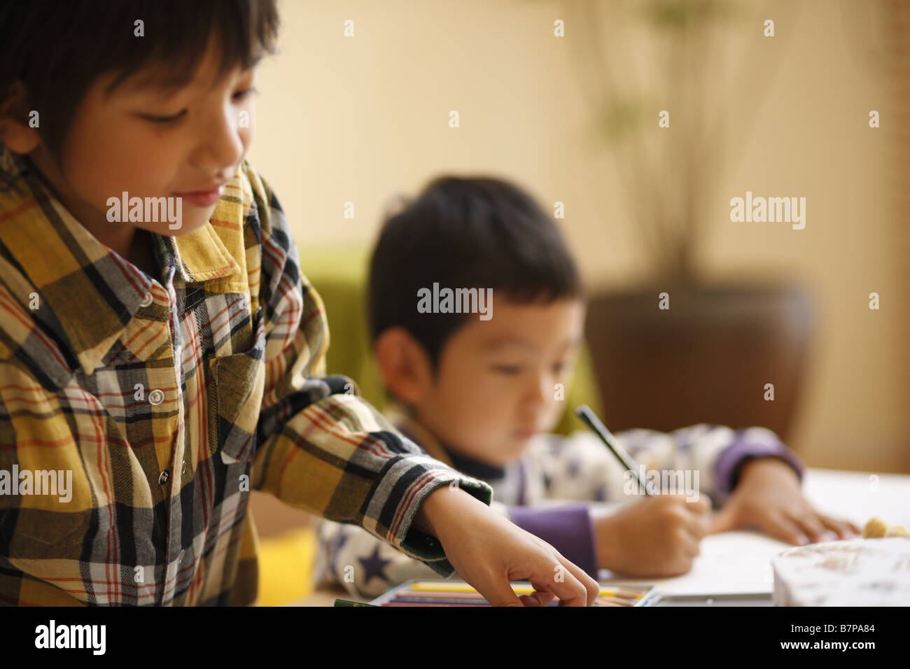 Brothers doing homework Stock Photo - Alamy