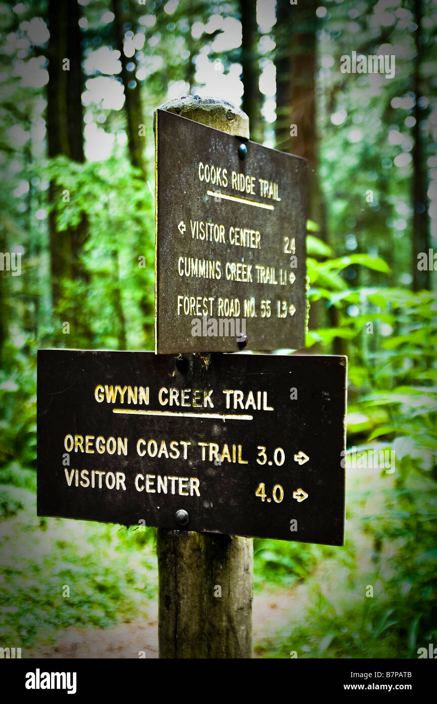 Hiking signs in the old growth forest near Cape Perpetua, Oregon Stock ...
