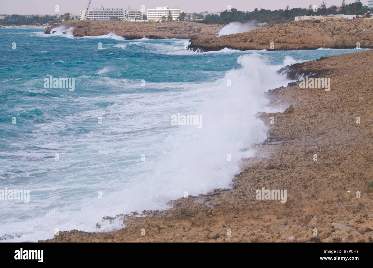 Large waves crash onto rocks in high winds near Ayia Napa on the ...