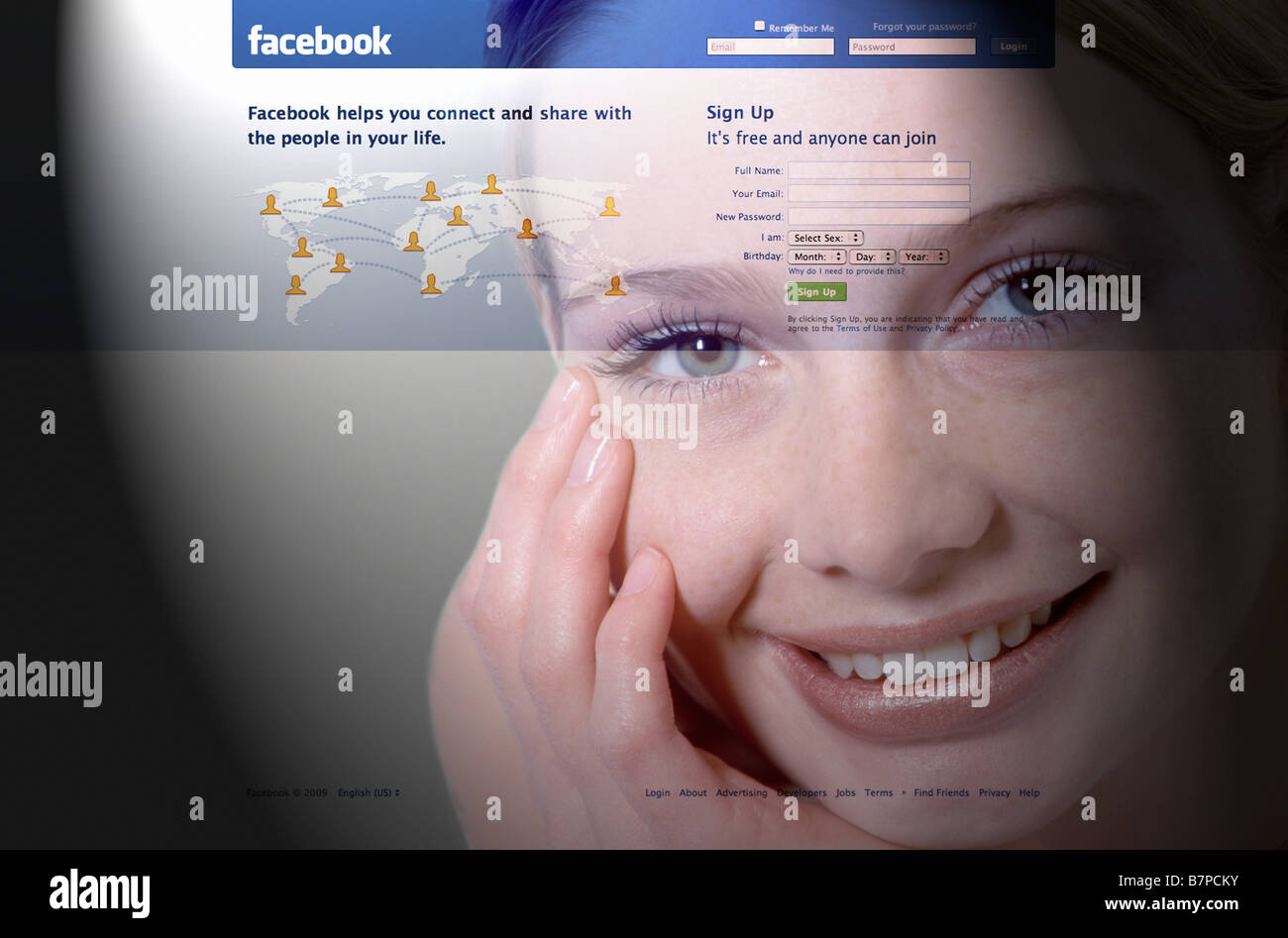 Facebook page with girl's face Stock Photo - Alamy