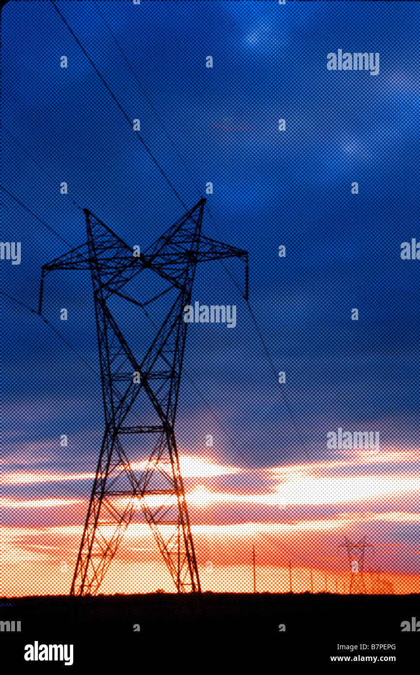 power line towers silhouetted at sunset Stock Photo - Alamy