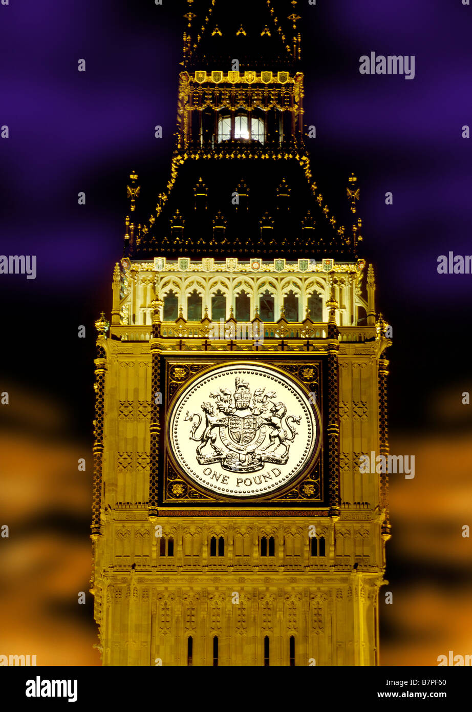 Big Ben with pound coin on clock face Stock Photo - Alamy