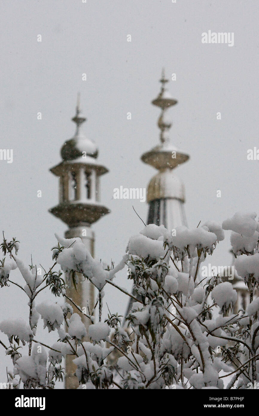 Ornate turrets of the Royal Pavilion Brighton at dawn in distance ...