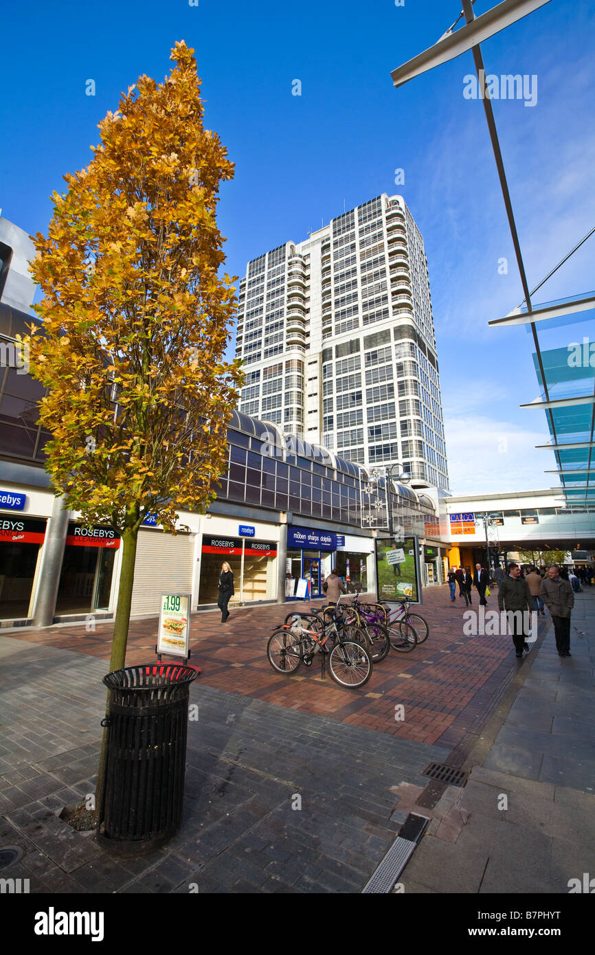 Swindon Hight Street looking by the Brunel centre. Blue sky overhead ...