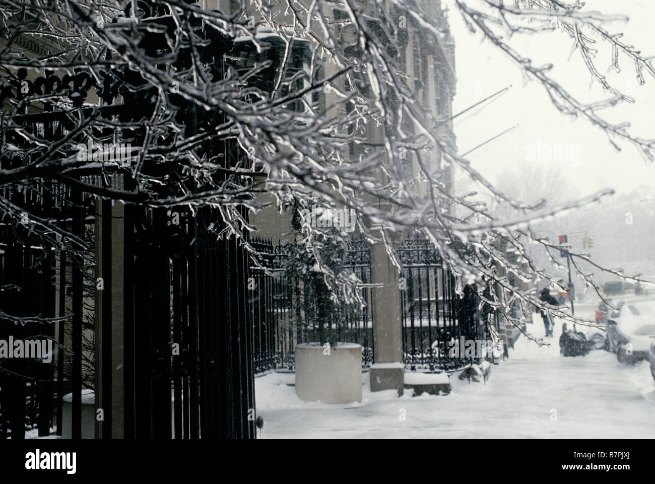 New York City Upper East Side frozen snow on ground and Ice covered ...