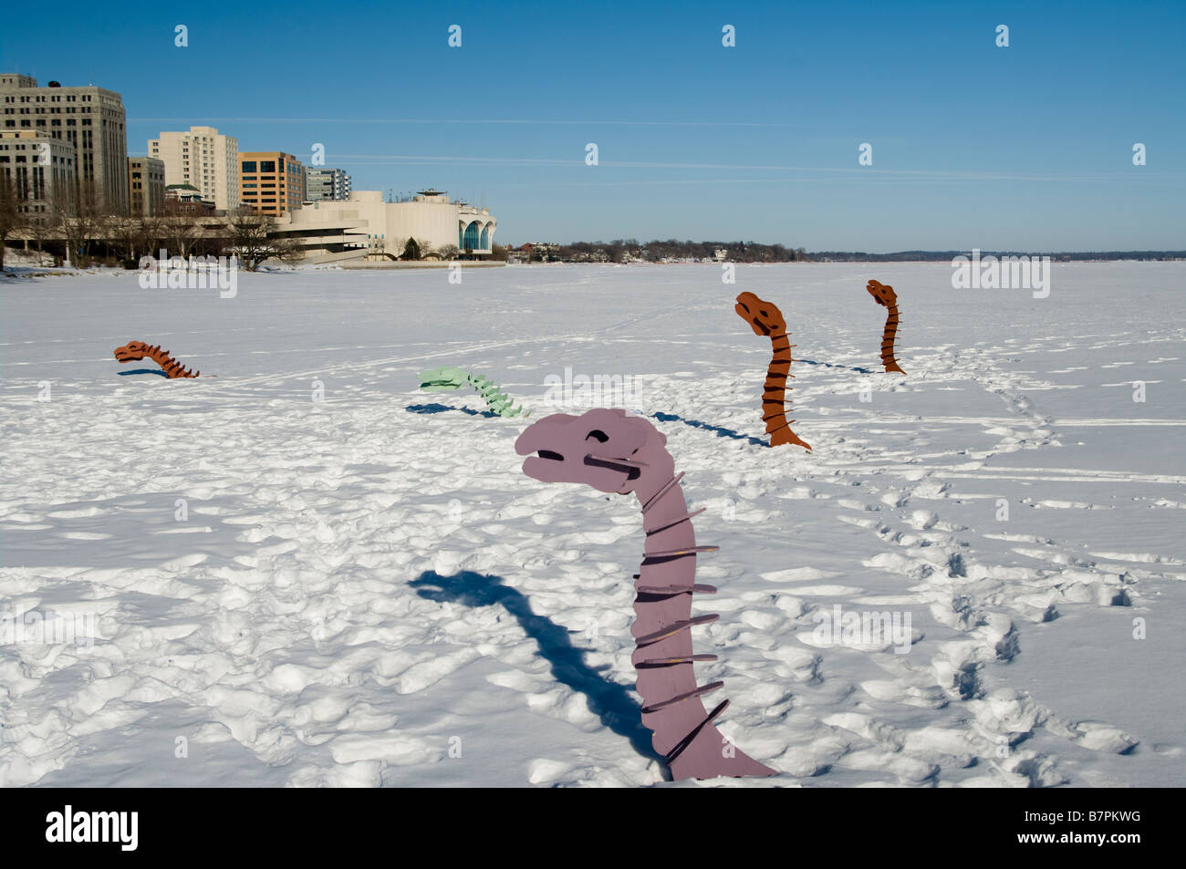 Sculptures of dinosaurs adorn Lake Monona in front of the Monona ...