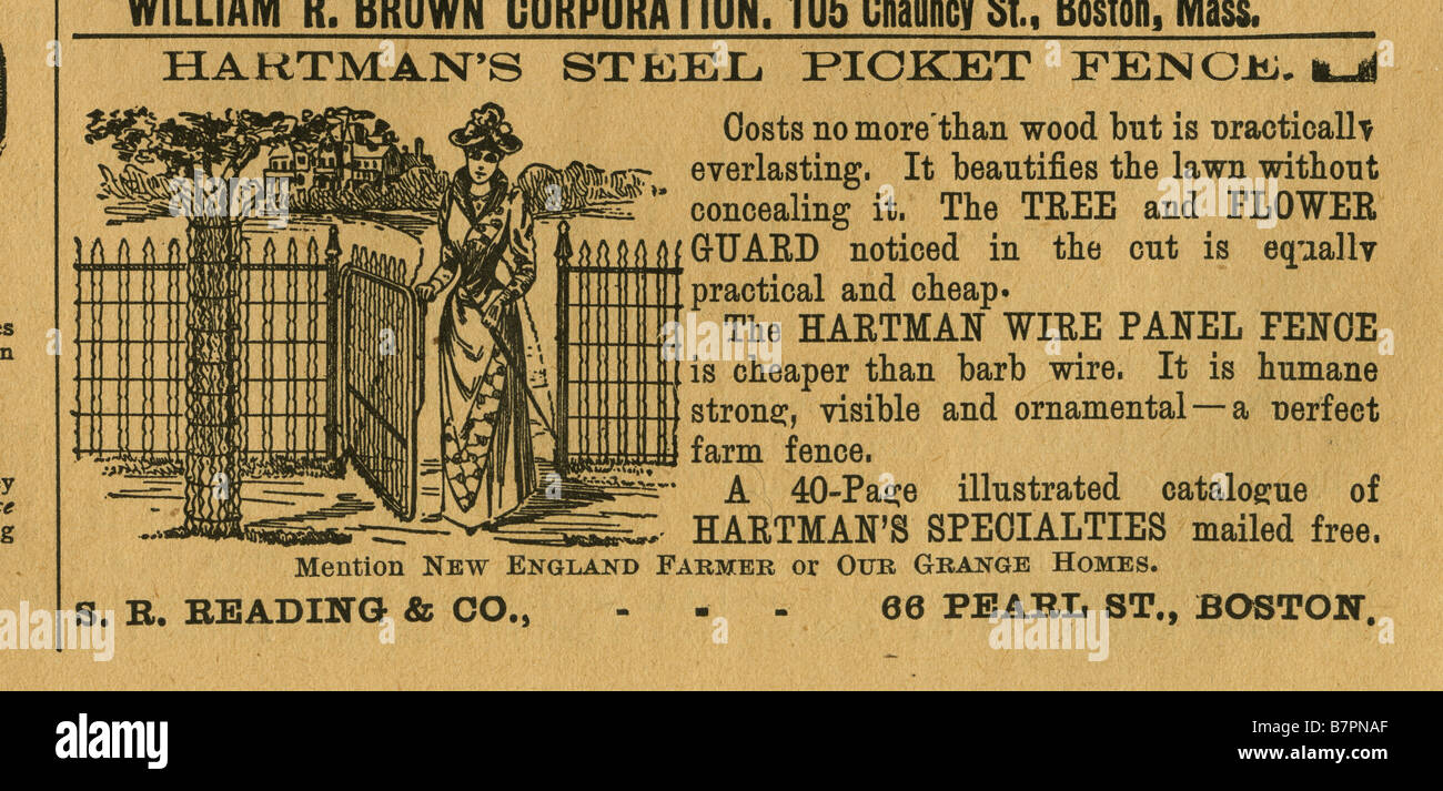 1893 antique newspaper advertisement for Hartman's Steel Picket Fence ...