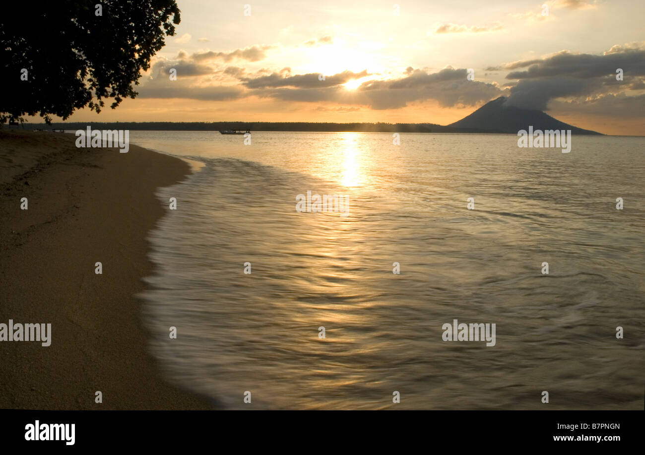 View of Manado Tua volcano from the beach at Siladen Resort and Spa ...