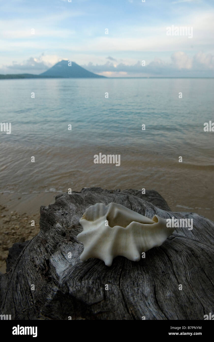 View of Manado Tua volcano from the beach at Siladen Resort and Spa ...