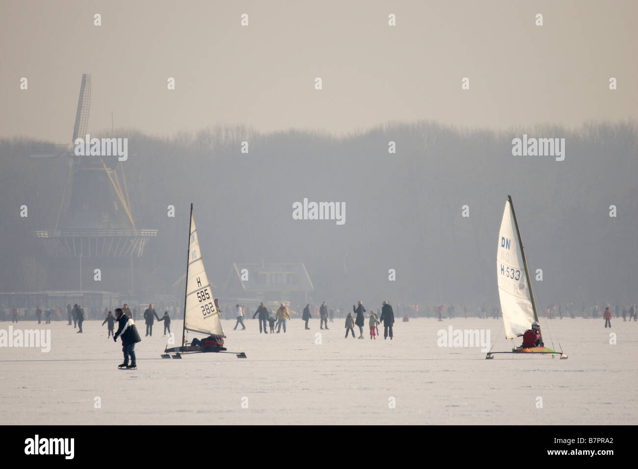 Many people crowd skating on ice at frozen Kralingse lake in Rotterdam ...