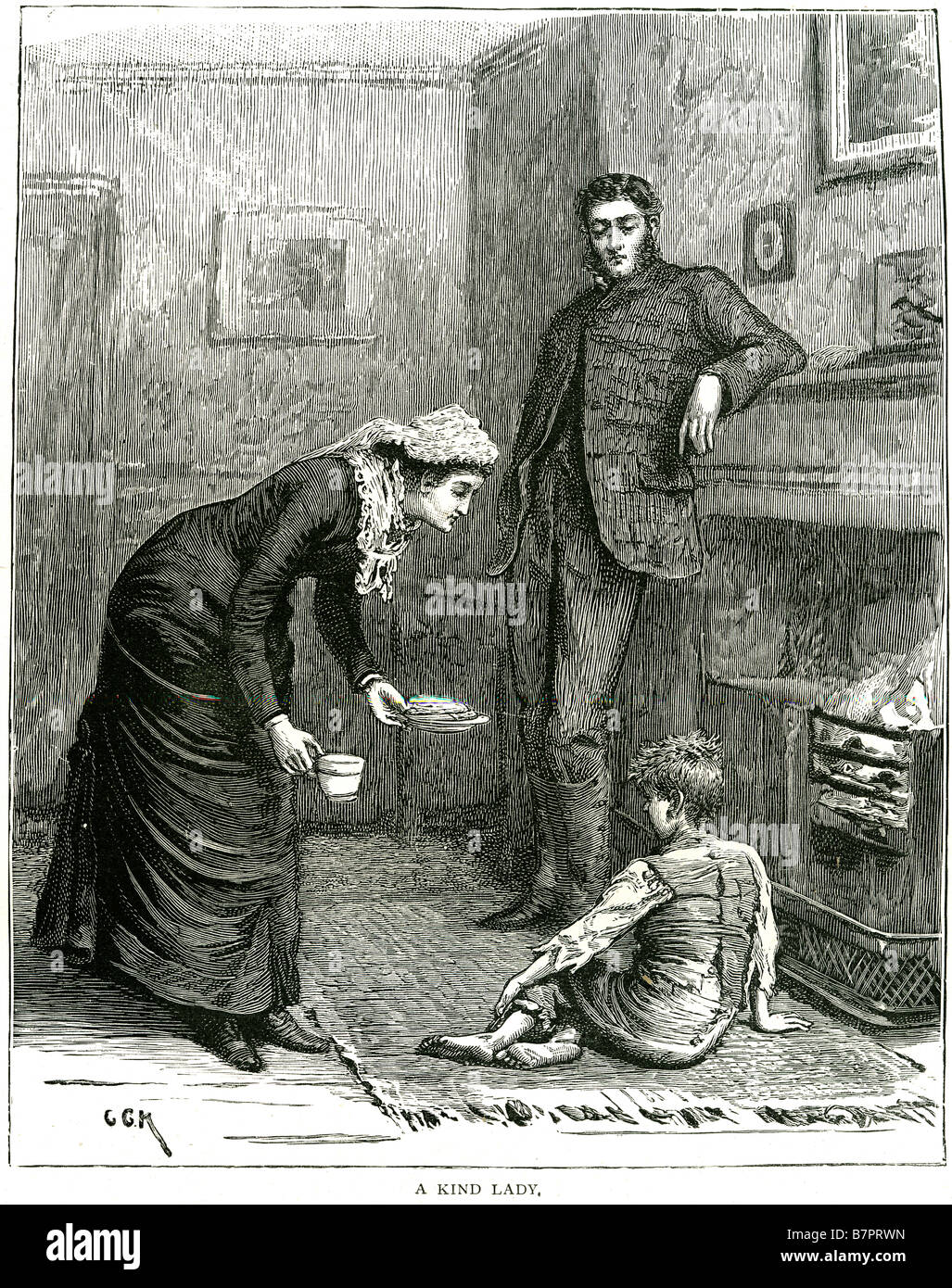 kind lady charity poor boy living room fire place traditional clothing ...