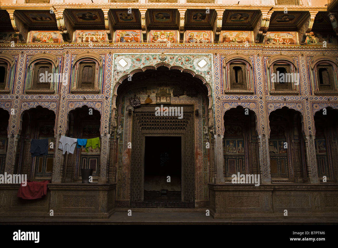 Courtyard interior from an old painted haveli or mechants house in ...