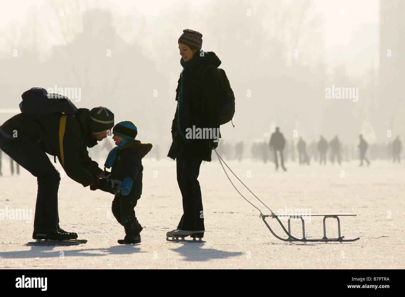 Family man woman father mother one kid child pulling sledge skating on ...