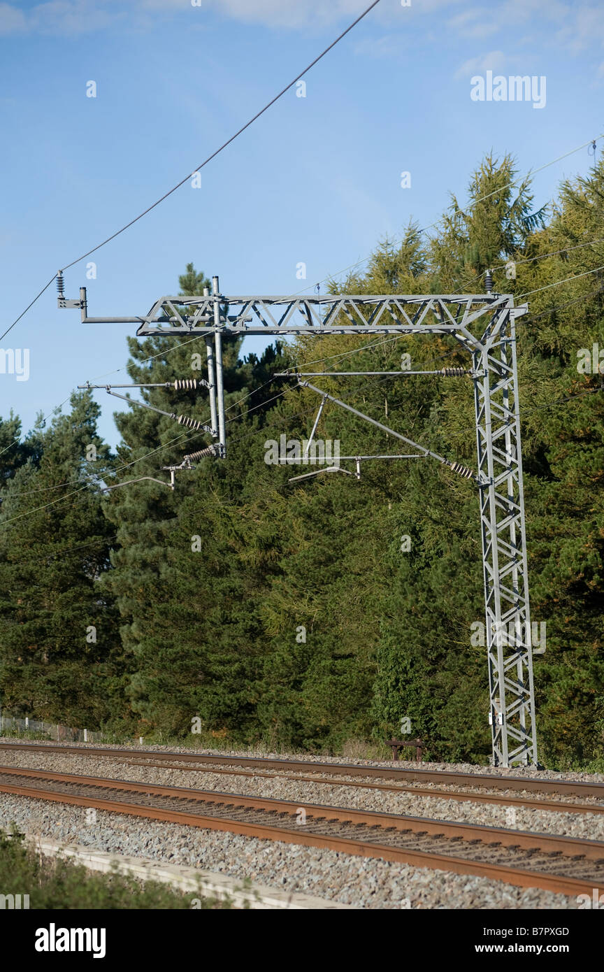 Steel gantry track and railway catenary on the west coast main line in ...