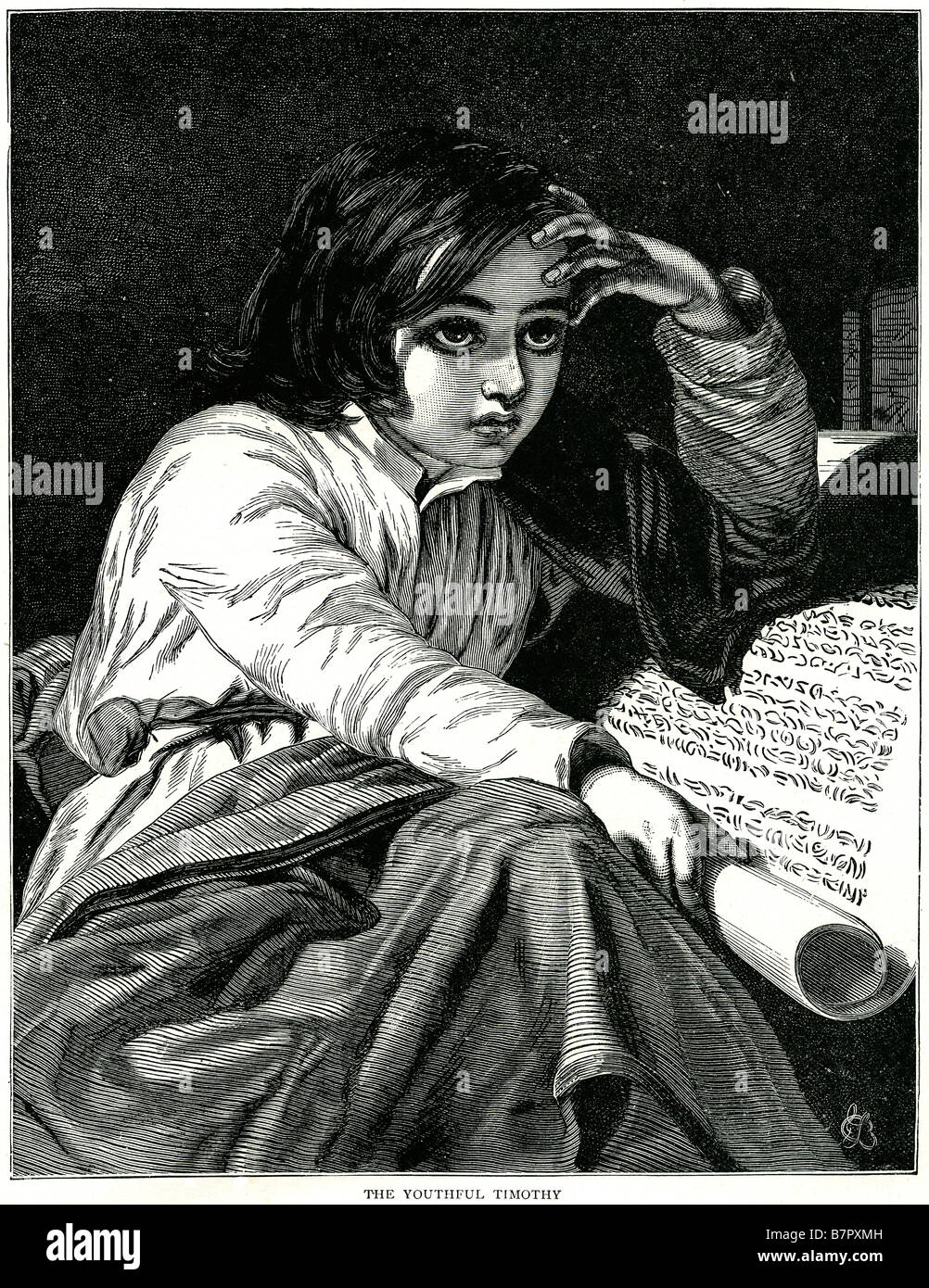 youthfull Timothy boy child studdying tired thinking reading home work ...