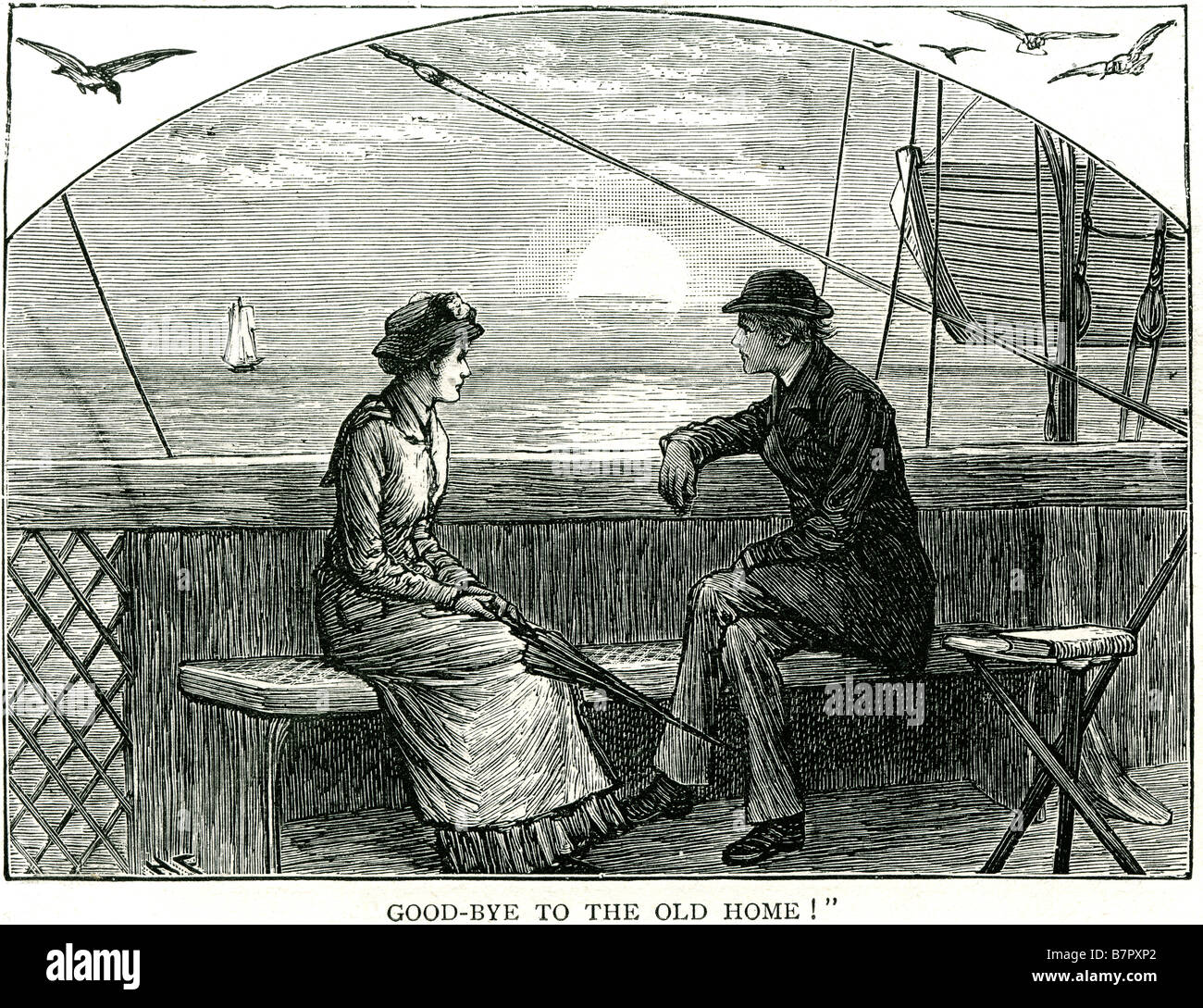 old home good bye couple sitting sea bench traditional clothing British ...
