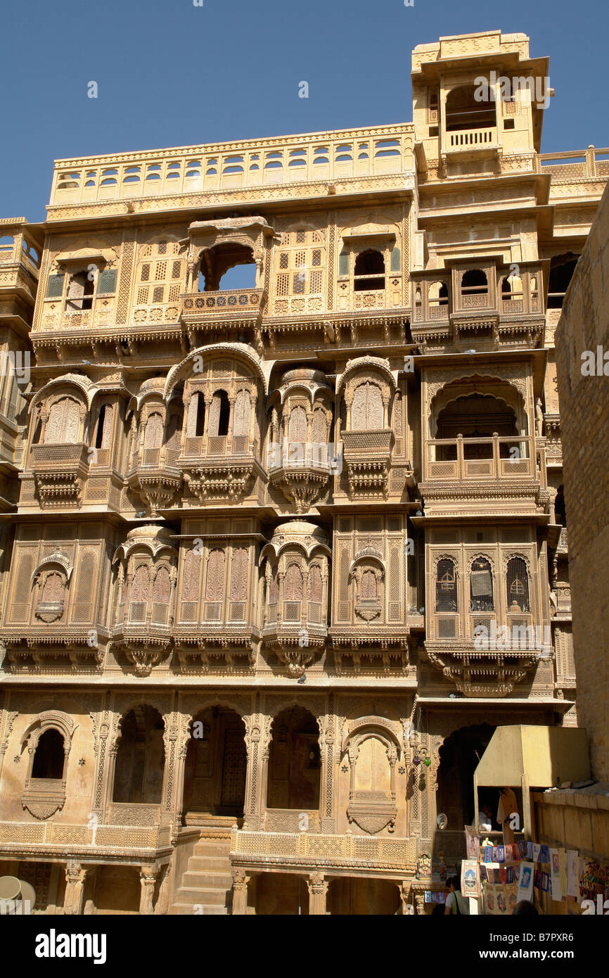traditional sandstone carved facade of indian haveli or merchants house ...