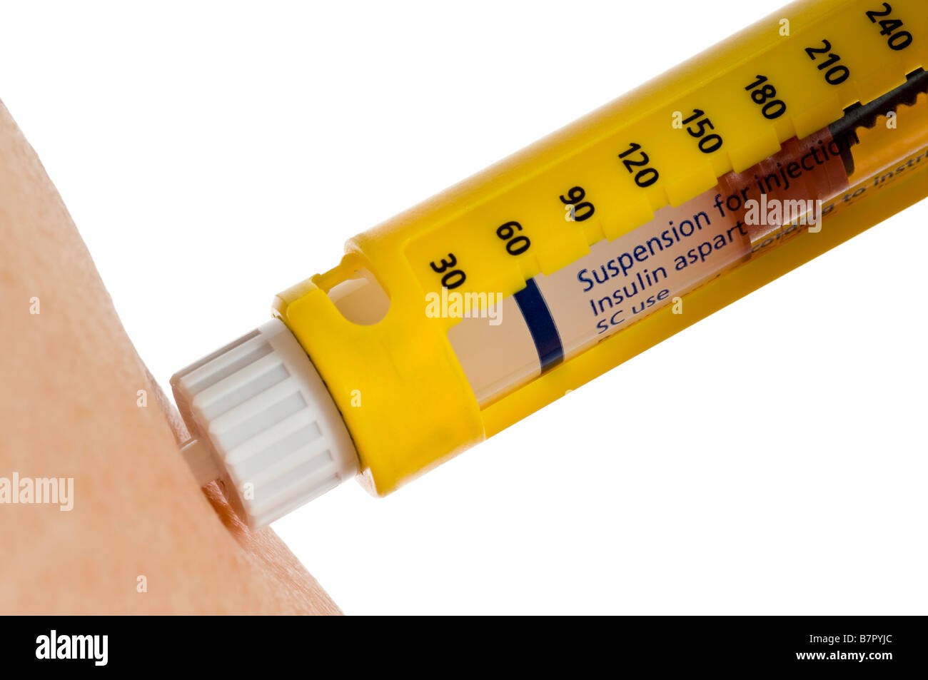 Horizontal macro close up of a diabetic person injecting themselves ...