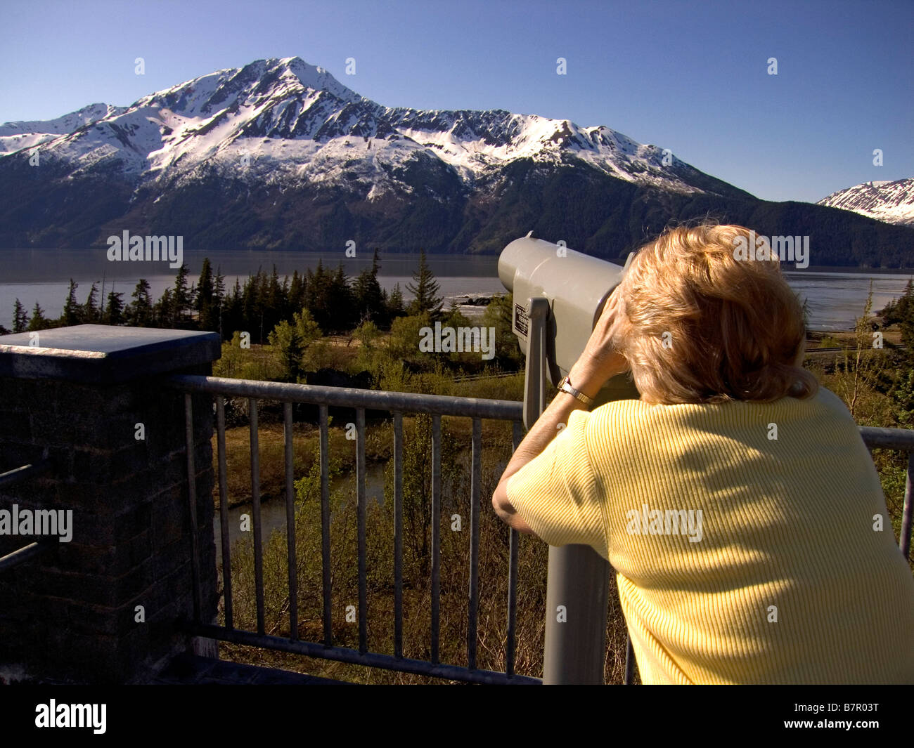 Woman looking at scenery through telescope from viewing platform Bird ...