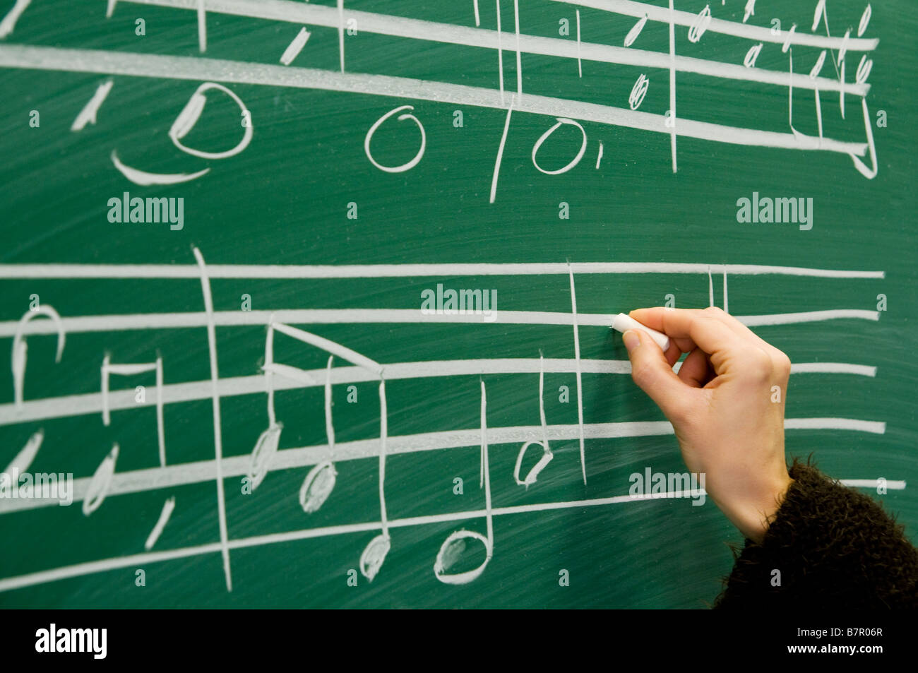Music lesson with hand writing musical notes on a blackboard with a ...