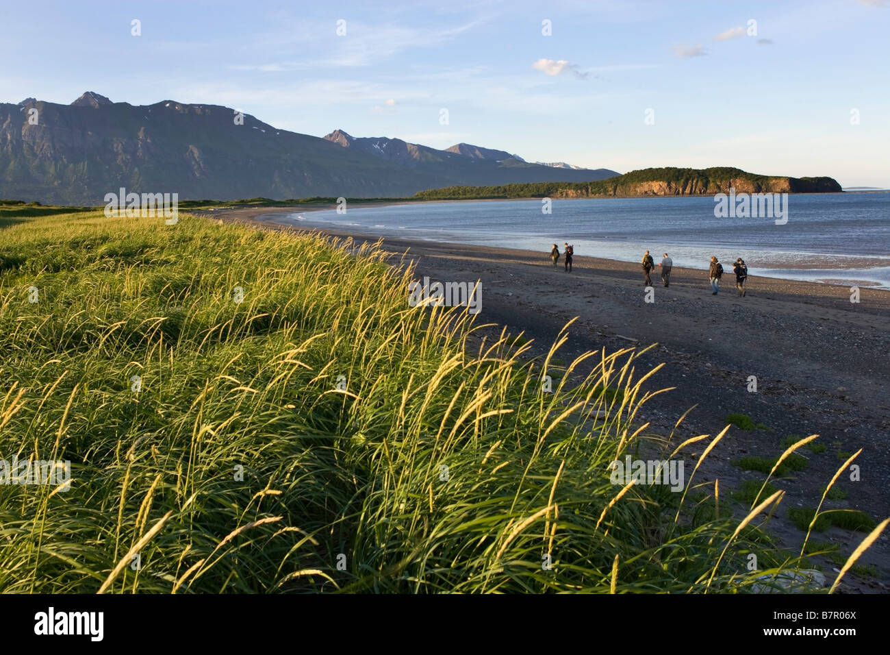 Tourists view Hallo Bay near the mouth of Big River with Yak Peak in ...